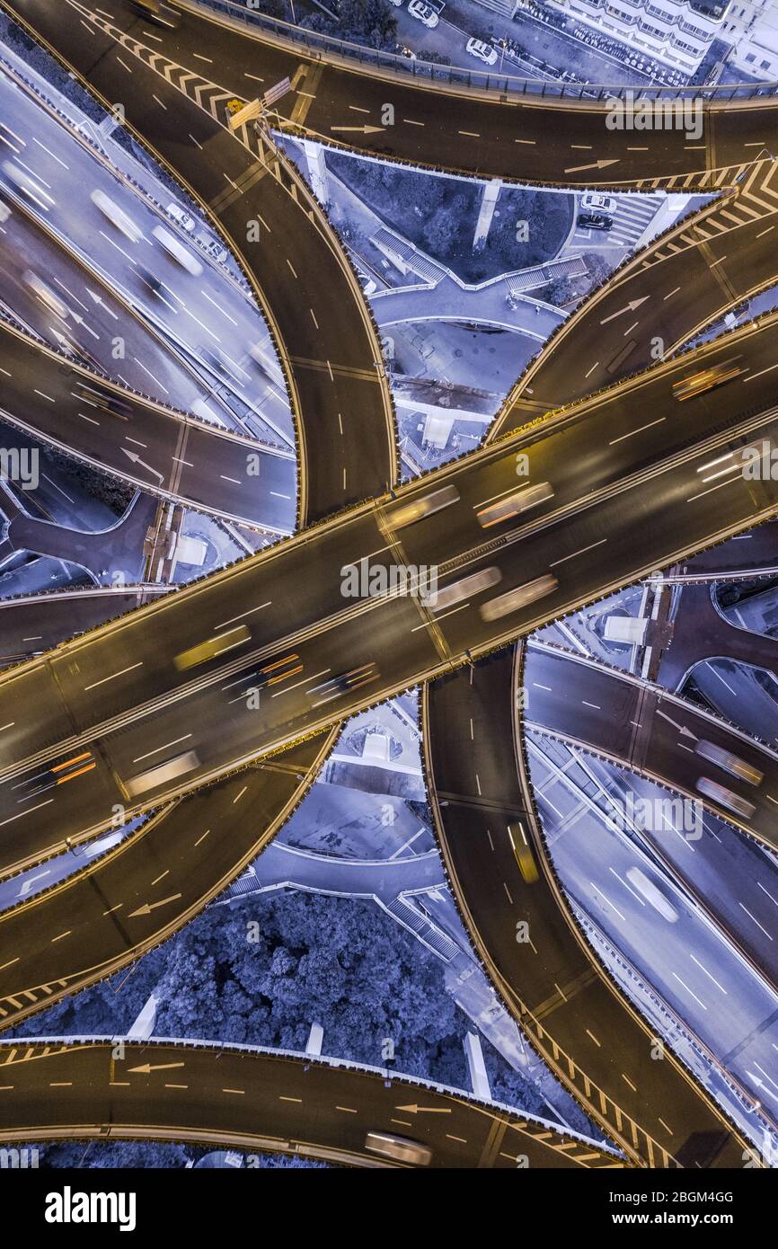 aerial view of highway interchange at night Stock Photo - Alamy