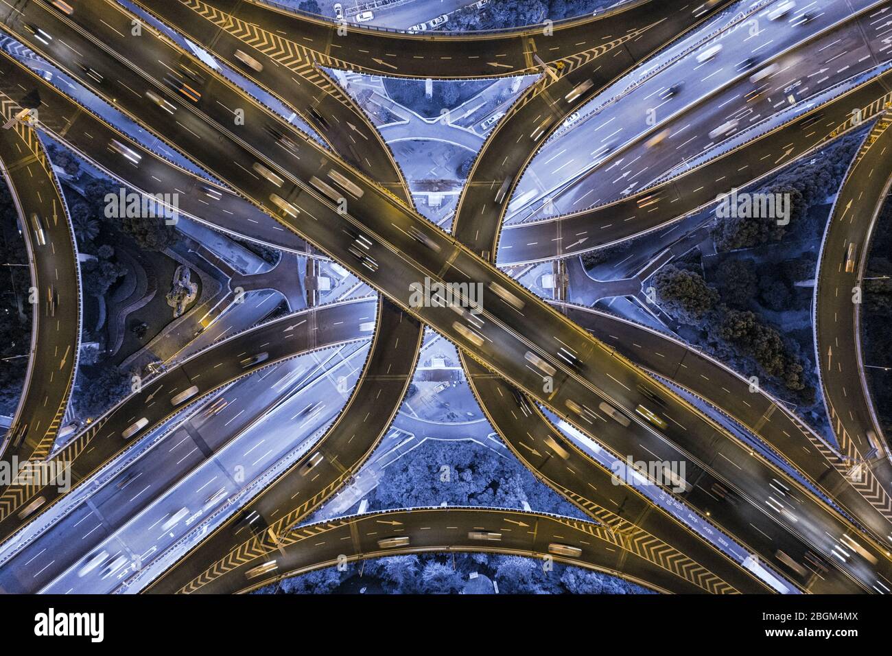 aerial view of highway interchange at night Stock Photo - Alamy