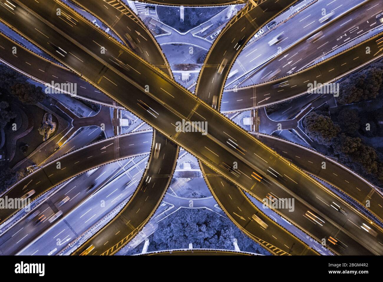 aerial view of highway interchange at night Stock Photo - Alamy