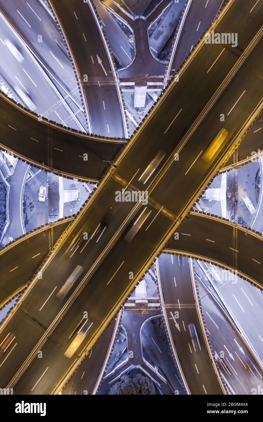 aerial view of highway interchange at night Stock Photo - Alamy