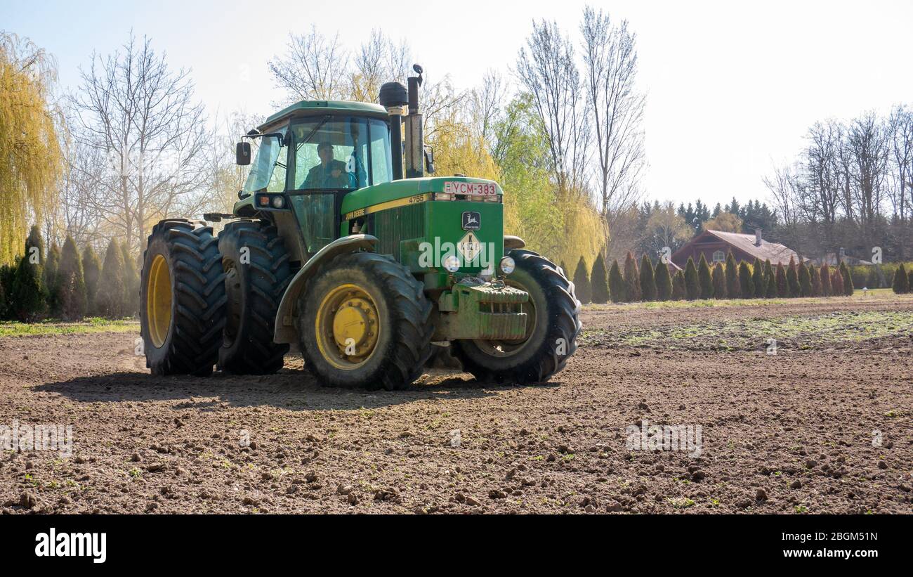 Nagybajcs Hungary 04 04 2020: A large, modern John Deere 4755 tractor ...