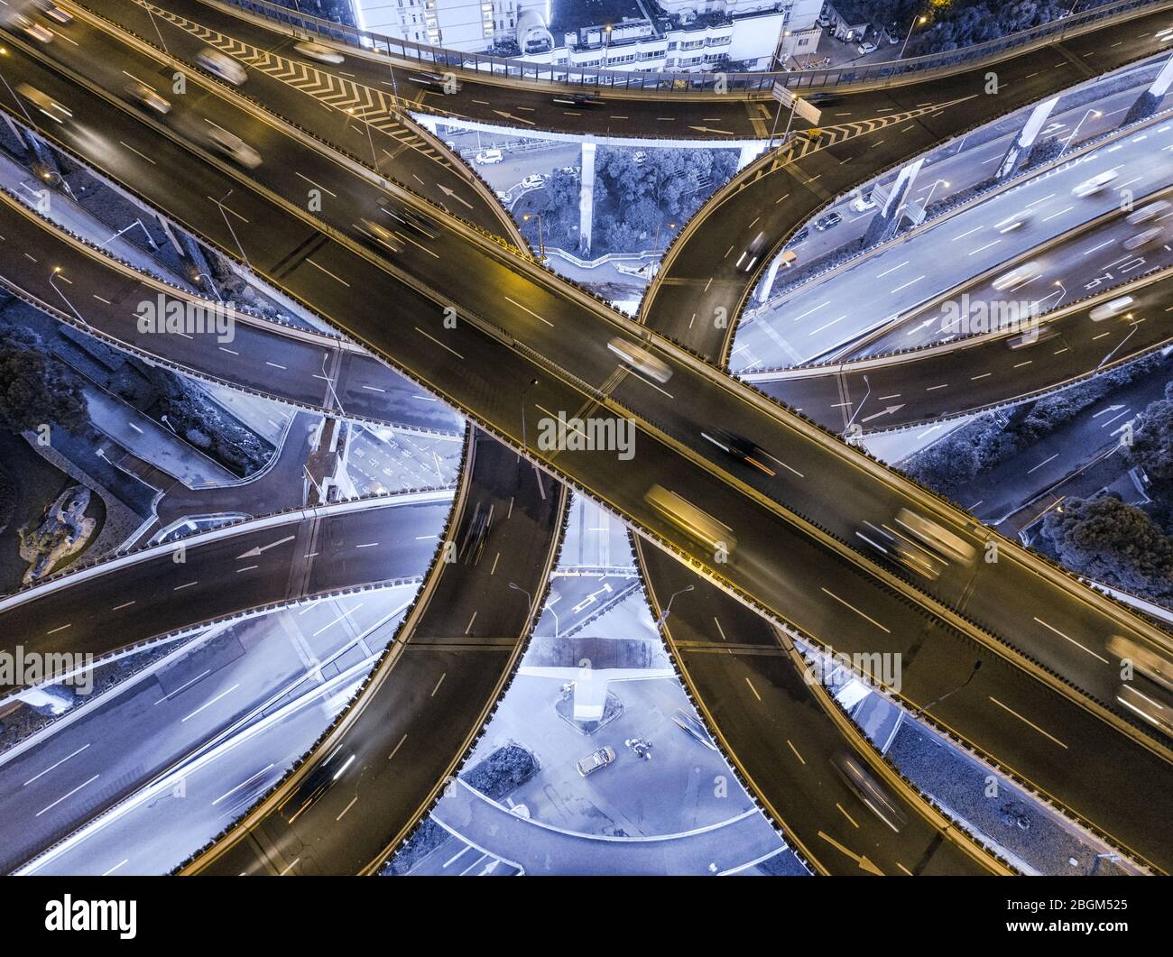 aerial view of highway interchange at night Stock Photo - Alamy