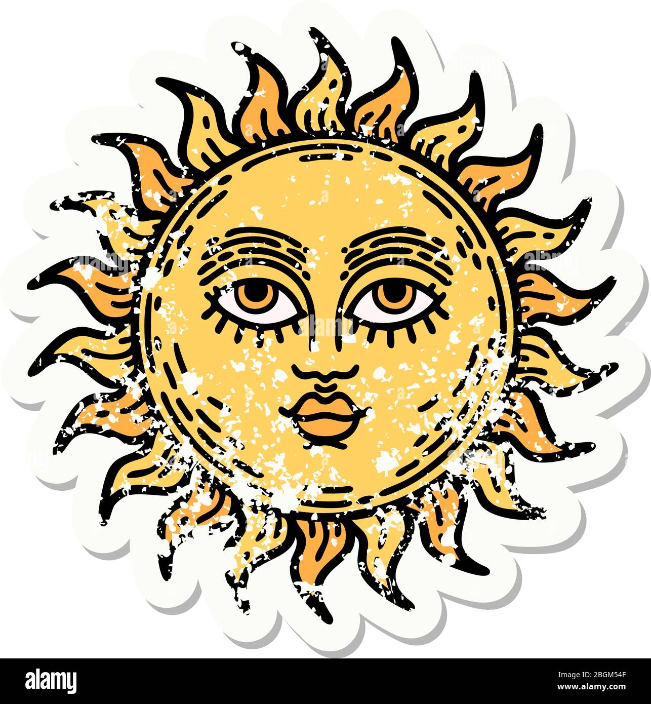 distressed sticker tattoo in traditional style of a sun with face Stock ...