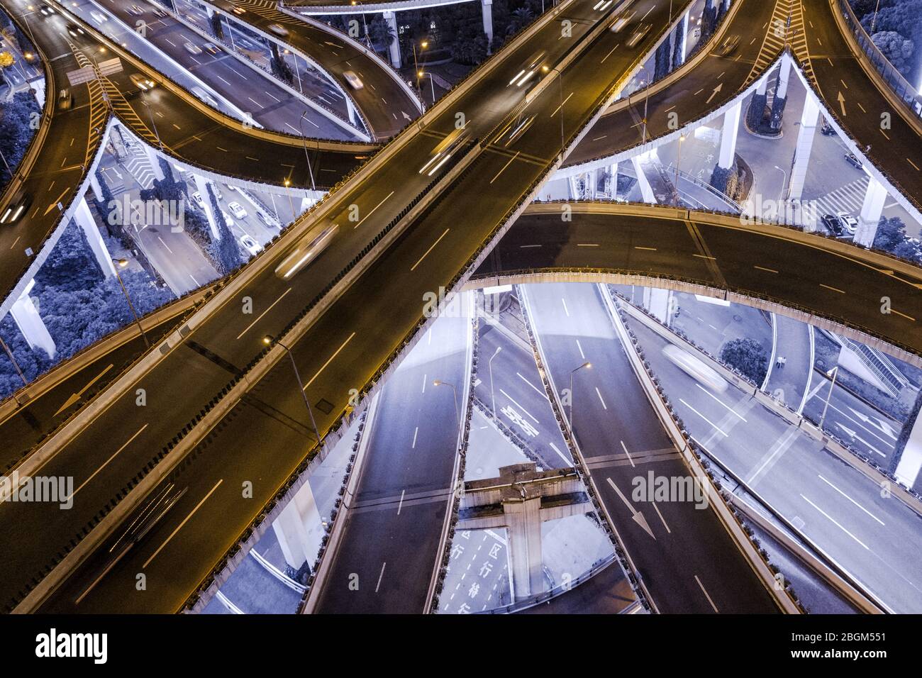 aerial view of highway interchange at night Stock Photo - Alamy