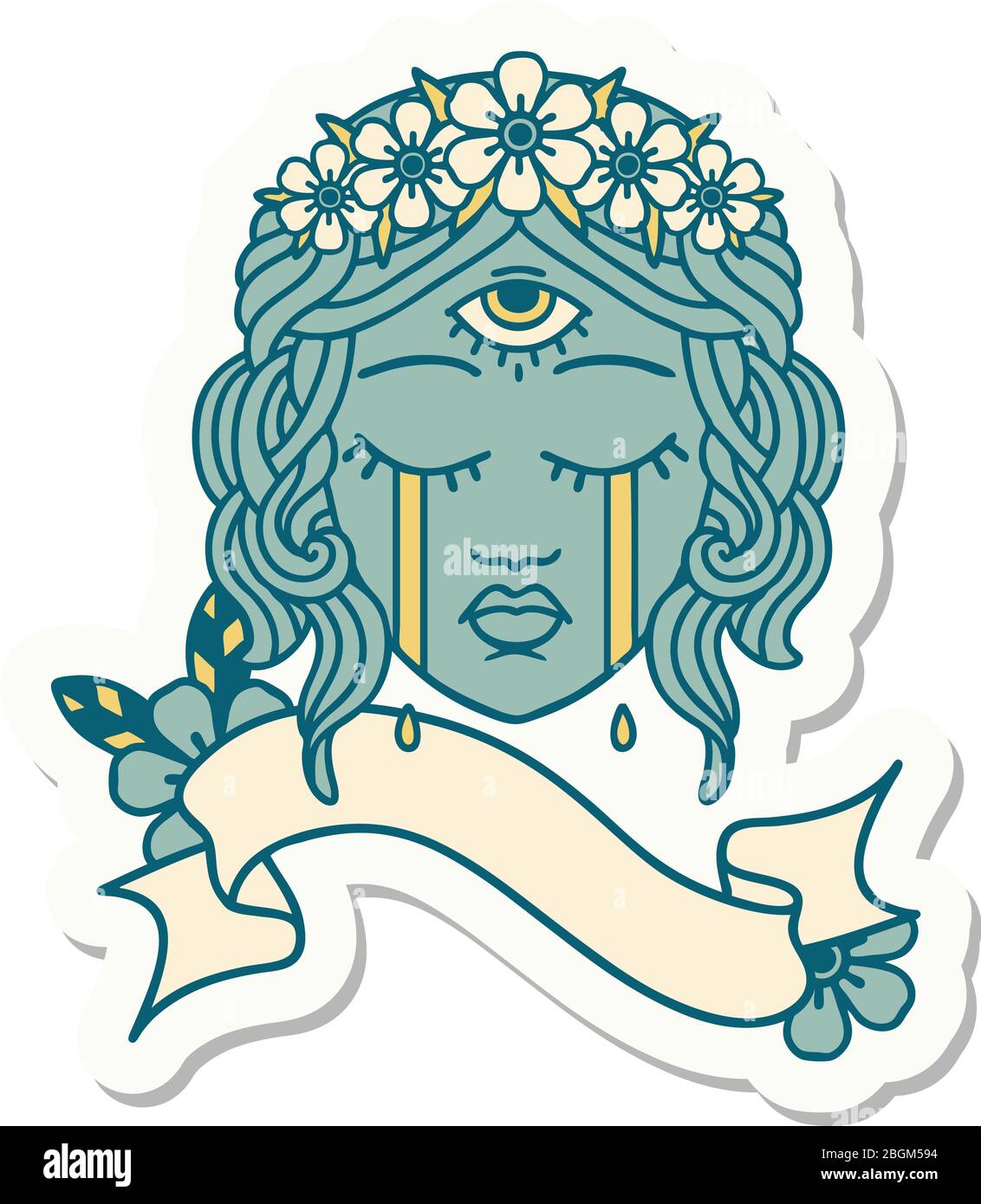 tattoo style sticker with banner of female face with mystic third eye ...