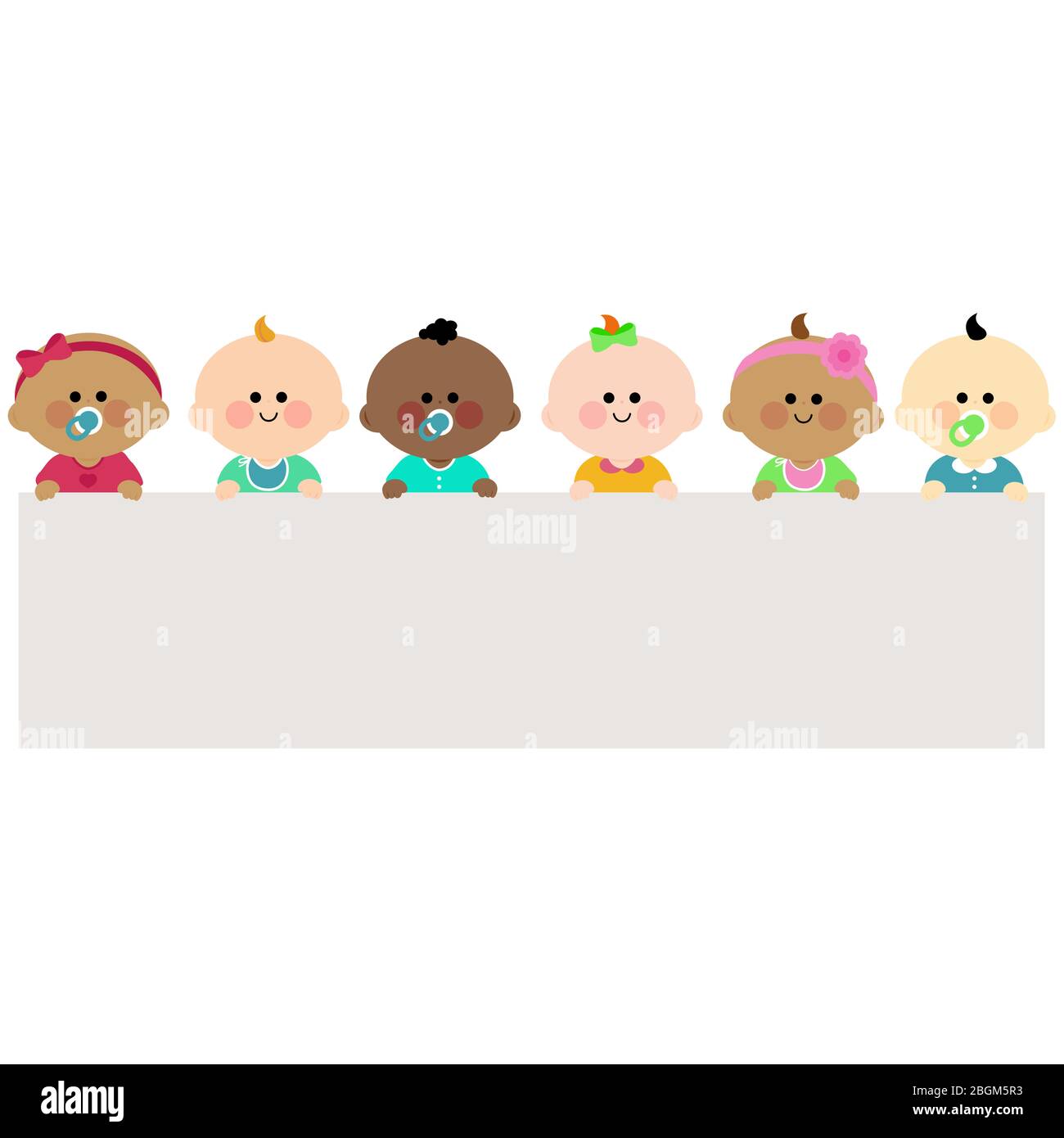 Diverse baby boys and girls with blank sign. Cute toddlers. A happy ...