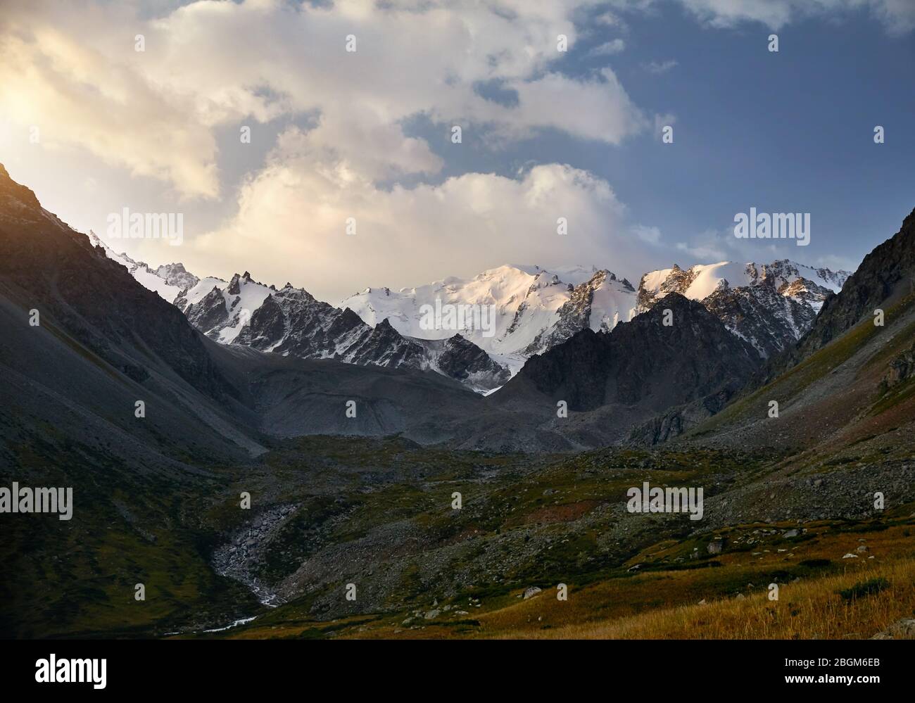 Beautiful landscape of snowy mountains in green valley of Left Talgar ...