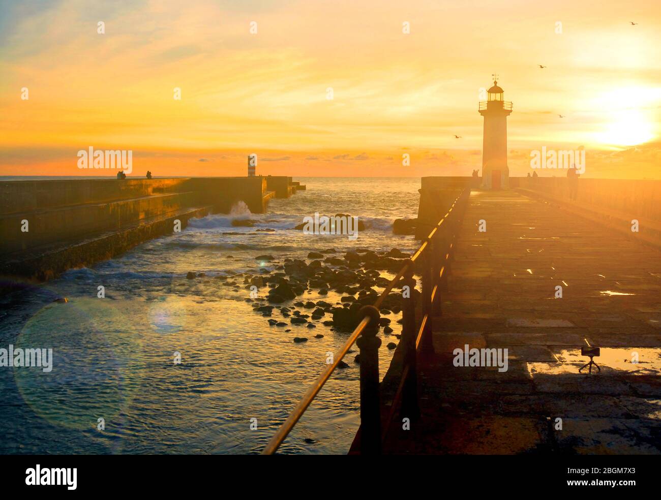 Felgueiras Lighthouse on shore of Atlantic ocean in Porto, Portugal at ...