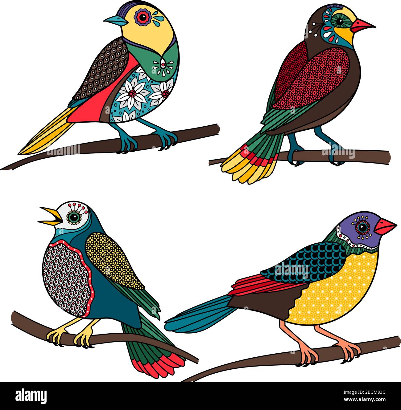 Hand drawn birds. Colored birds with floral patterns on white ...