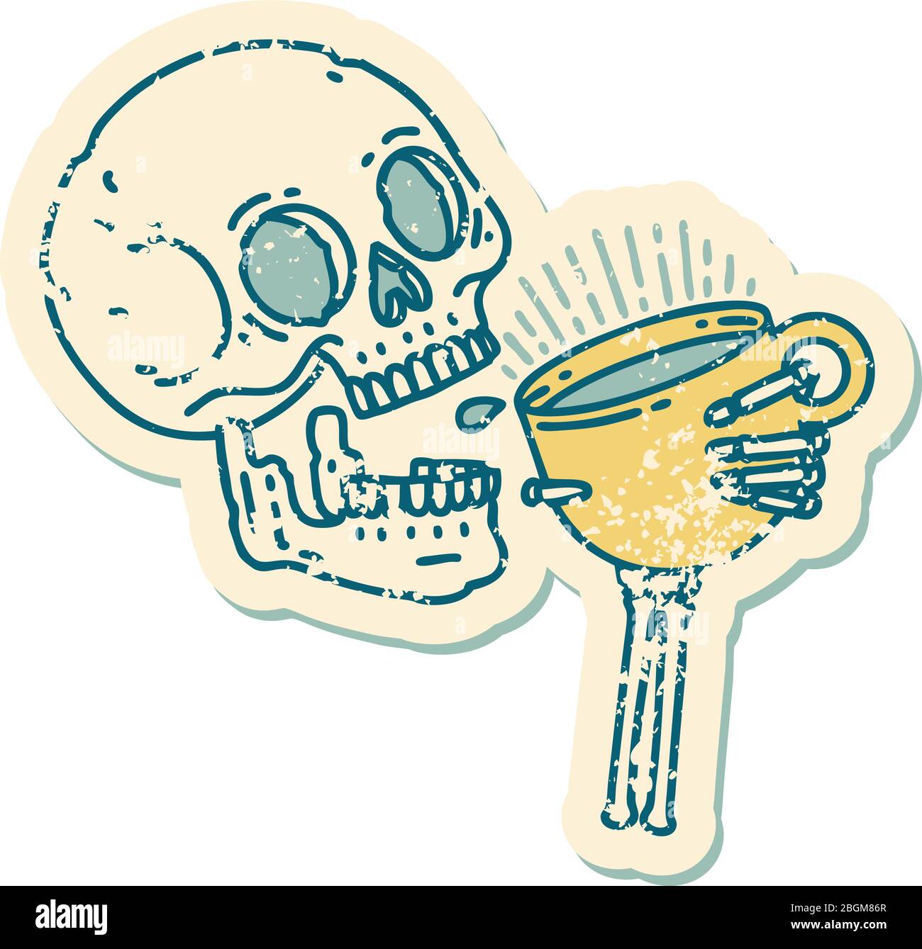 iconic distressed sticker tattoo style image of a skull drinking coffee ...