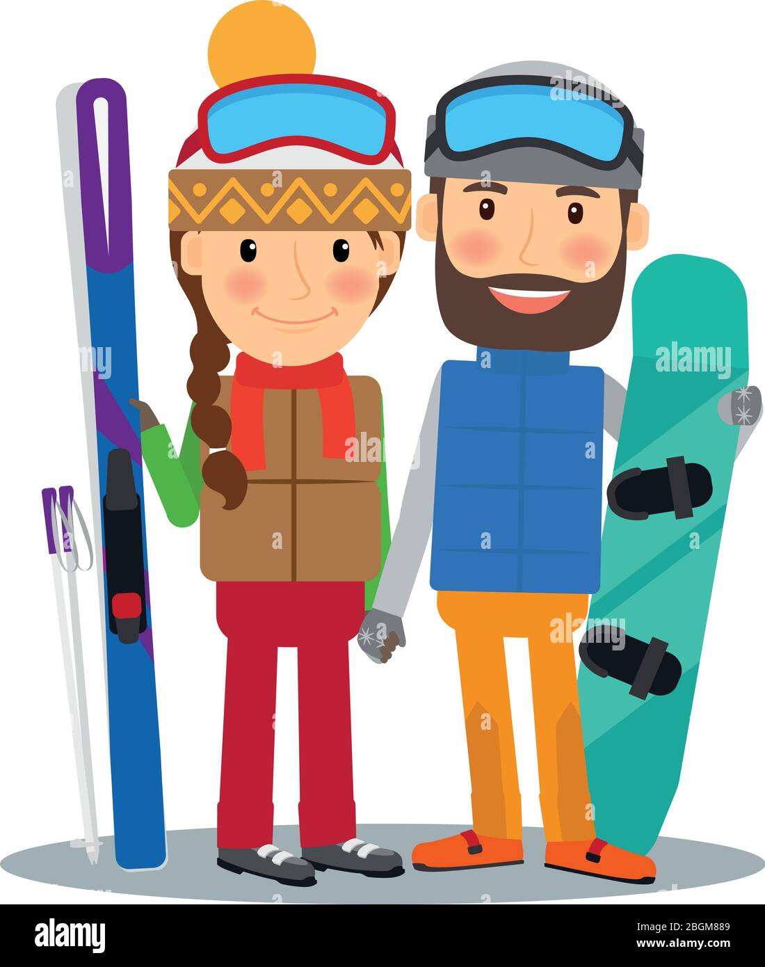 Young happy couple with alpine ski and snowboard. Skiing and ...
