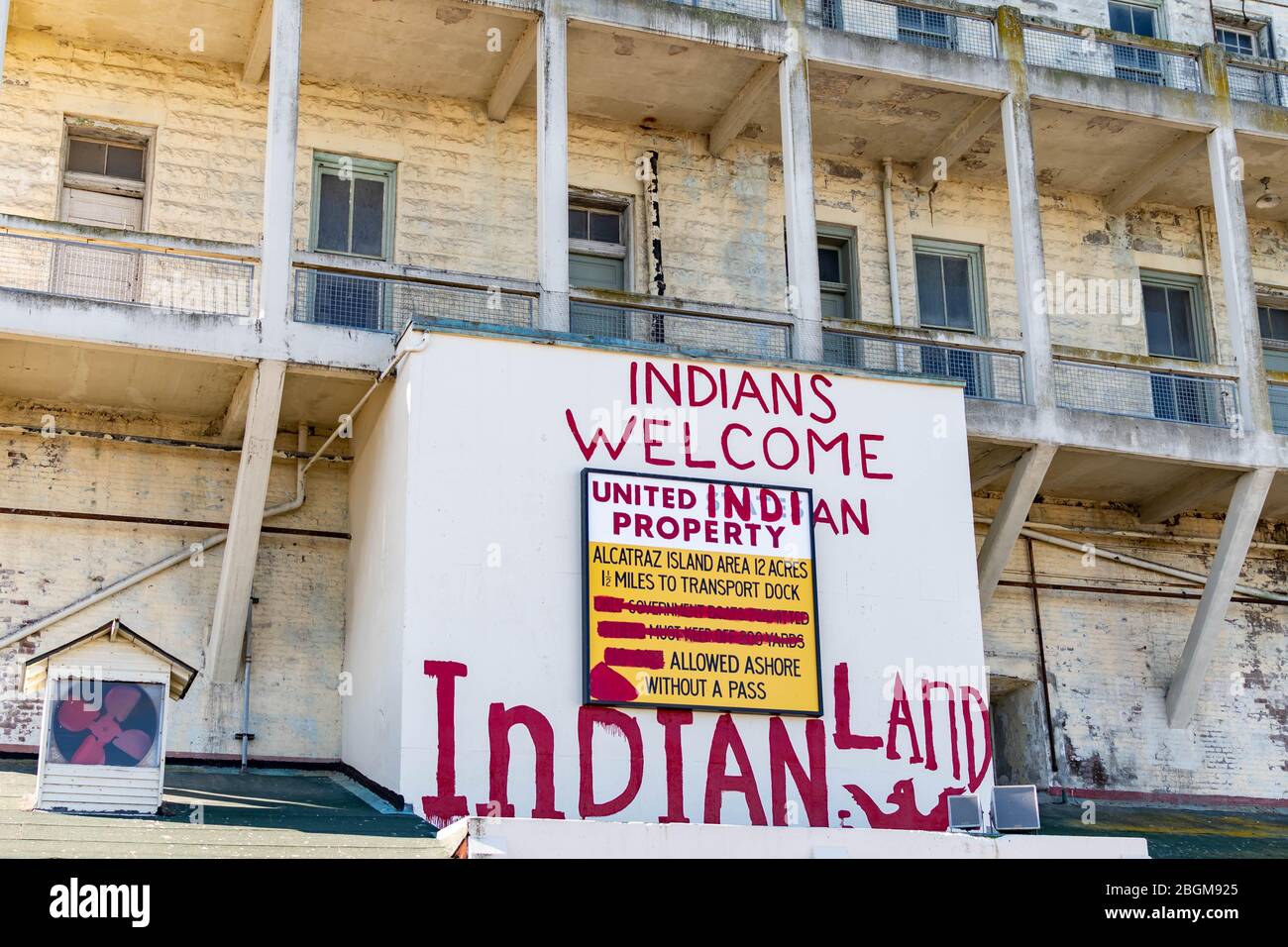 Alcatraz island's barracks or appartments and bookstore area with the ...