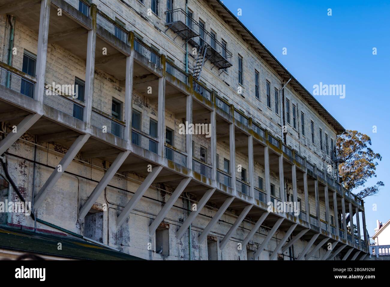 Alcatraz island's boat ship dock with the barracks or appartments and ...