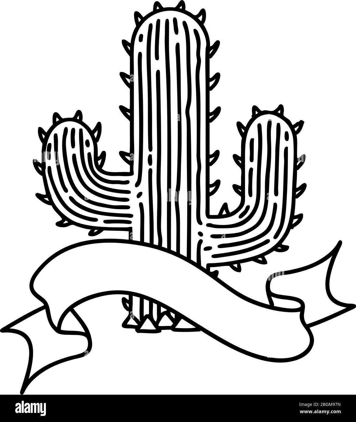 traditional black linework tattoo with banner of a cactus Stock Vector ...