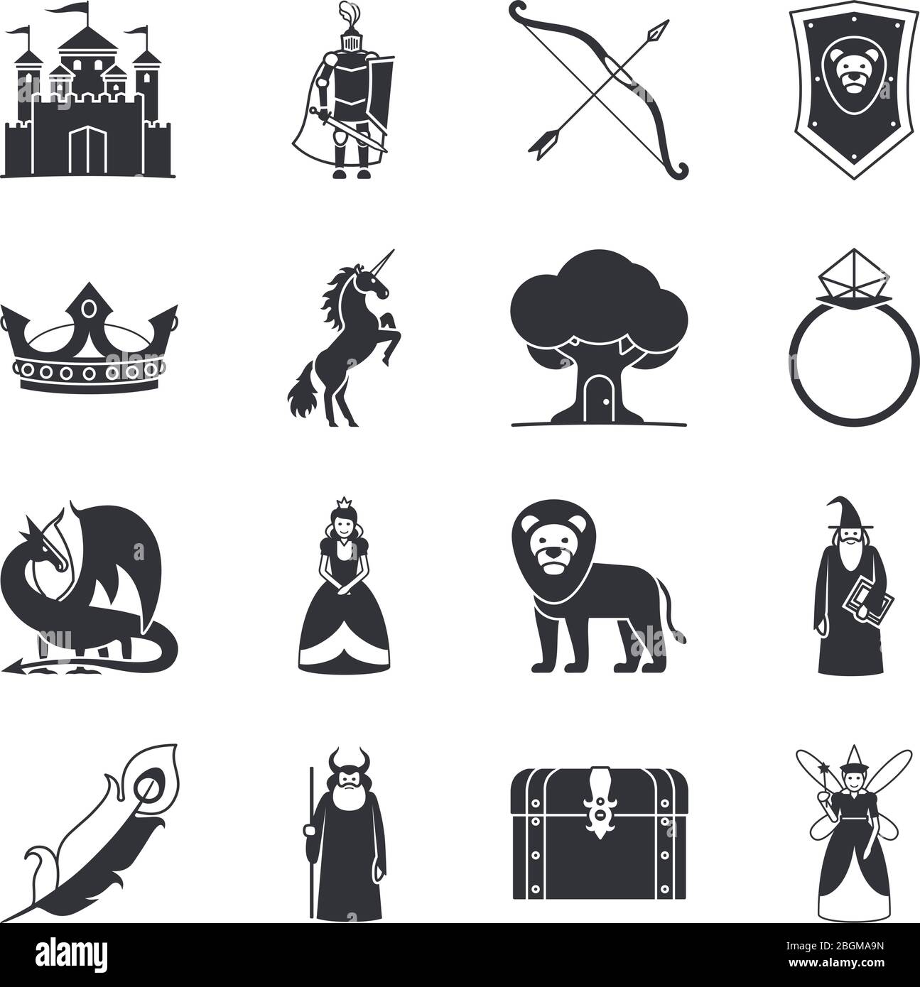Fairytale icons or fantasy icons. Castle and sword, knight and princess ...
