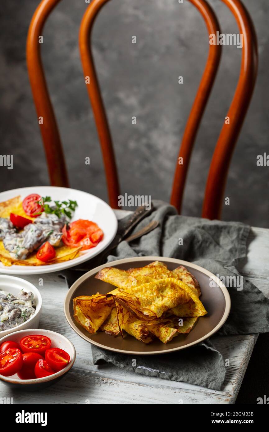 Breakfast crepes on rustic table, homemade food Stock Photo - Alamy