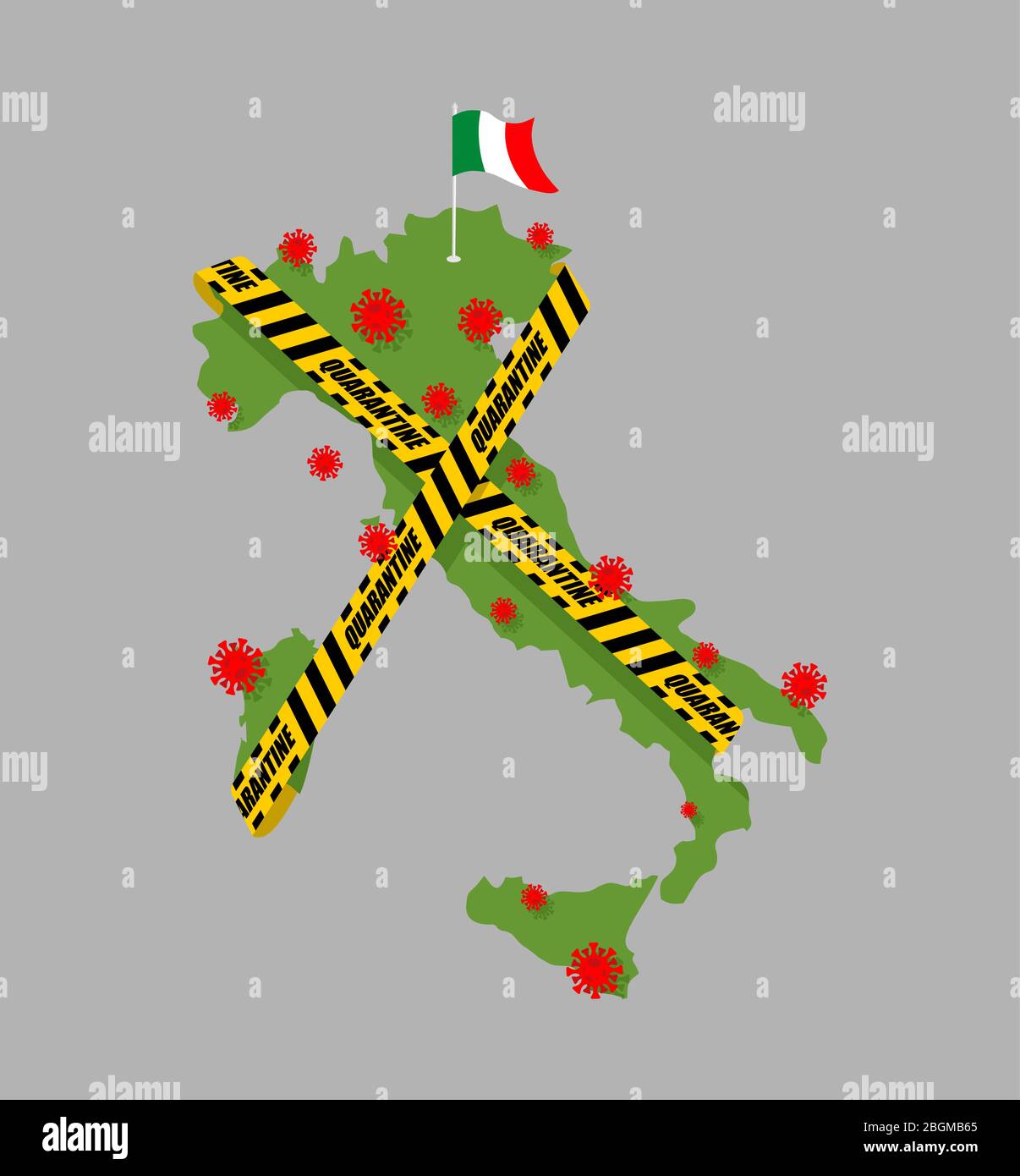 Italy is wrapped in yellow warning tape Quarantine. Italian map ...