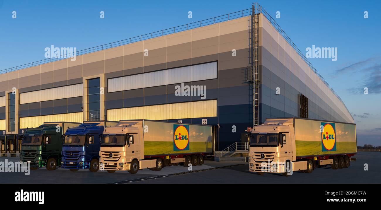 Trucks distributing products to Lidl Supermarkets under the logistics ...