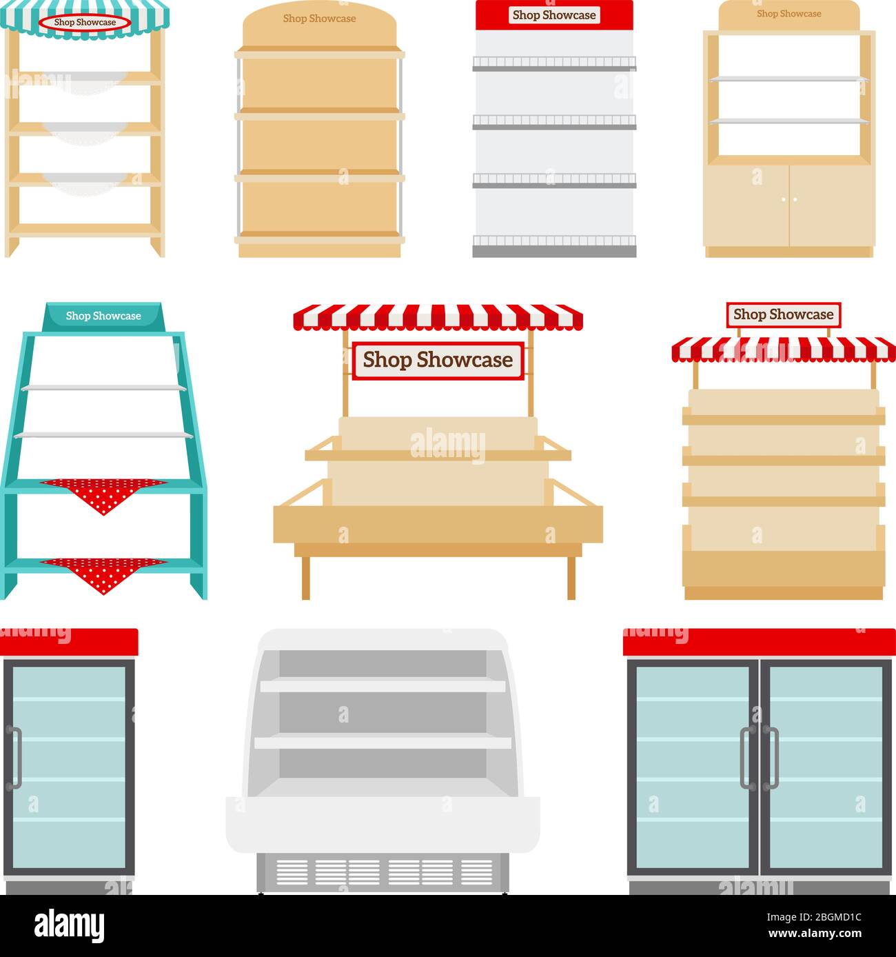 Shop showcases, store shelves or market stalls set vector illustration ...