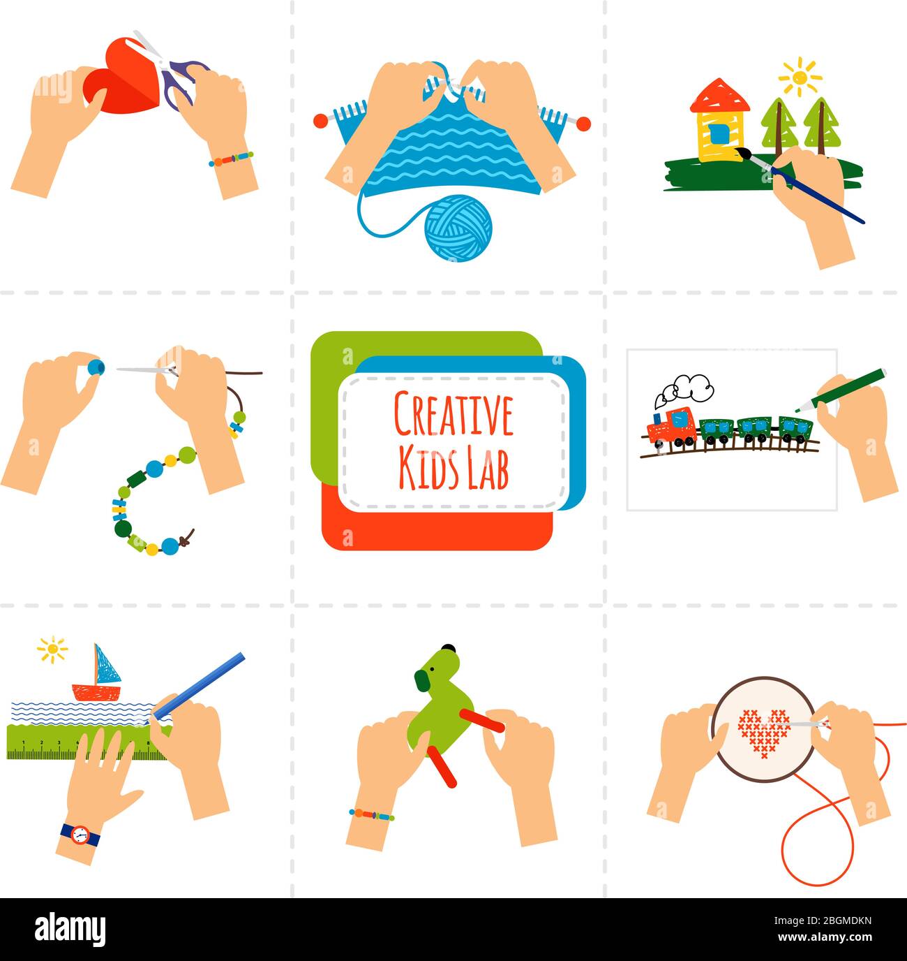 Creative kids hands icons. Pictures of kids hands painting, knitting ...