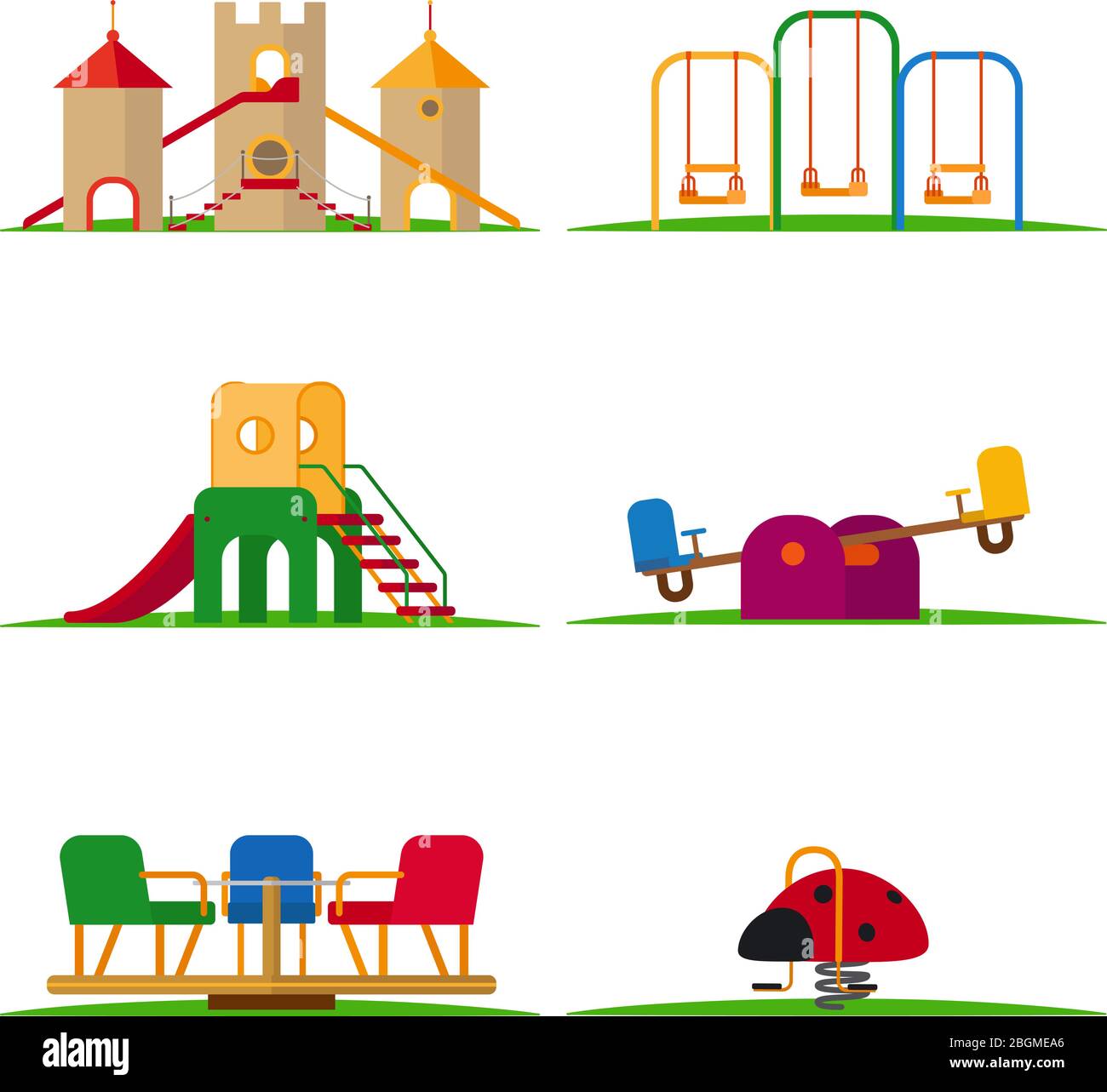 Kids playground elements vector. Carousel and children slide, swing and ...