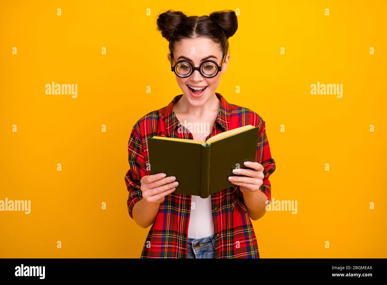 Photo of funny crazy lady hold book read interesting story novel open ...
