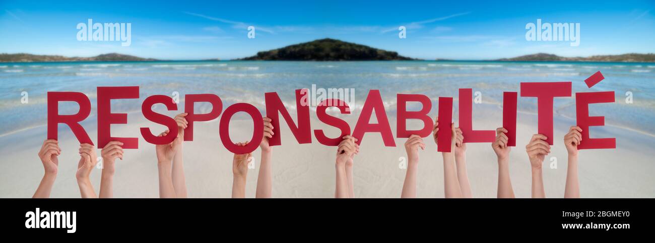 People Hands Holding Word Responsabilite Means Responsibility, Ocean ...