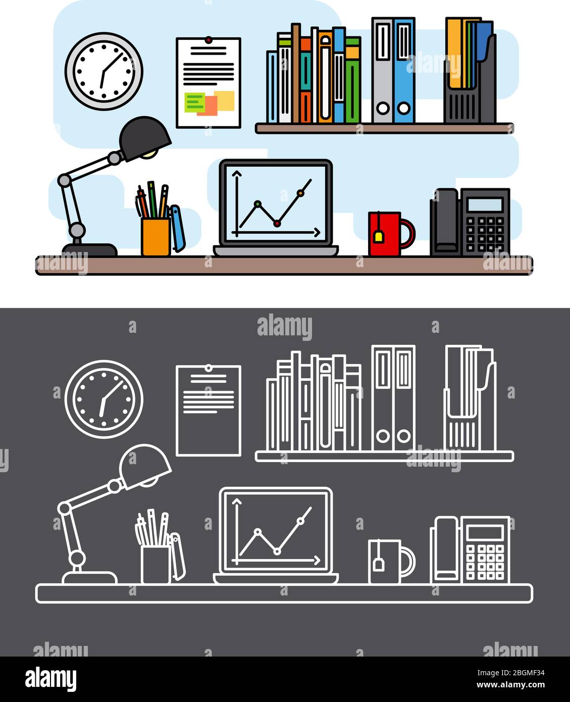 Workspace and office thin line concept. Workspace and office outline ...