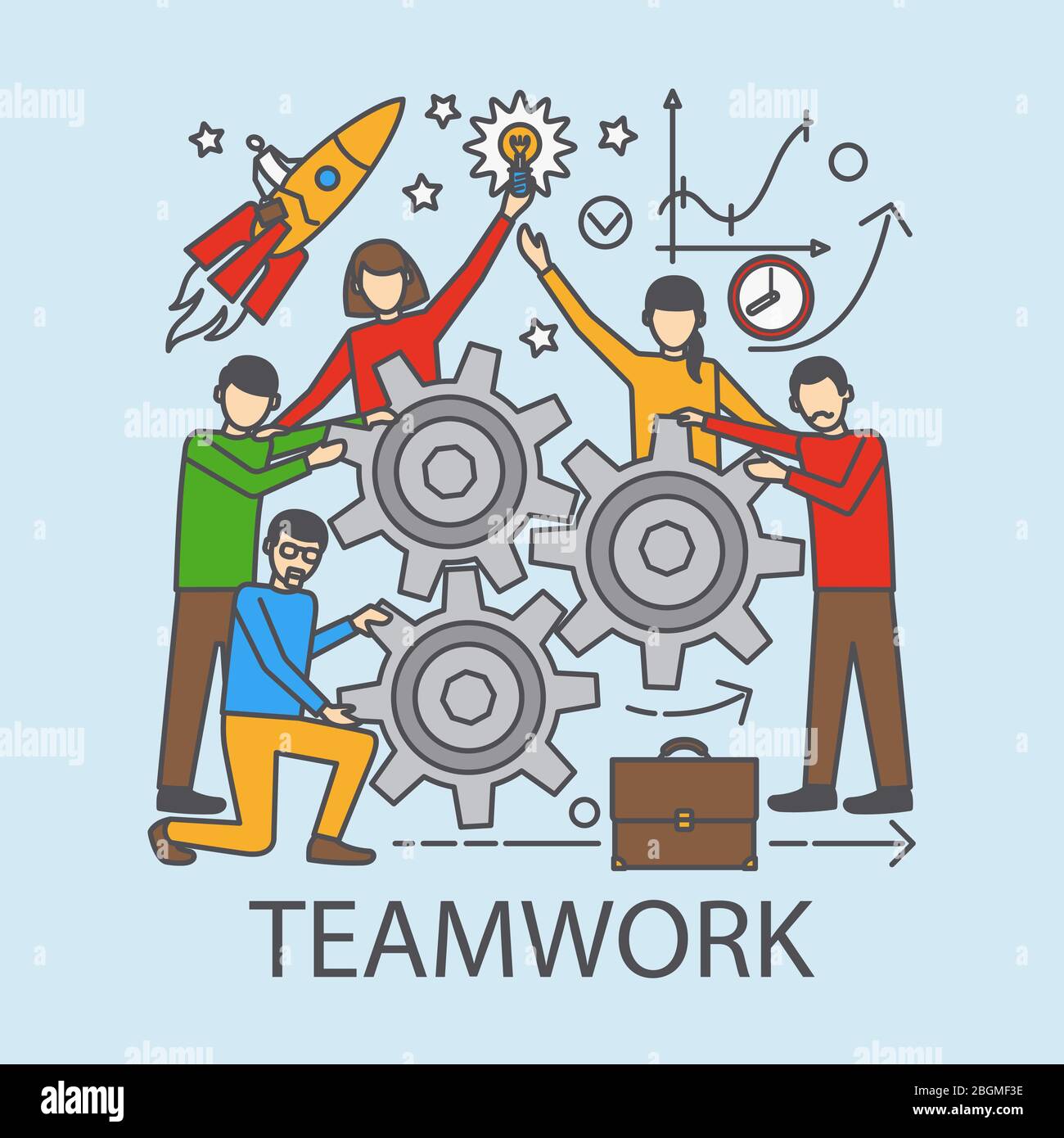 Teamwork concept with cogwheels. Success achievement plan. Vector ...