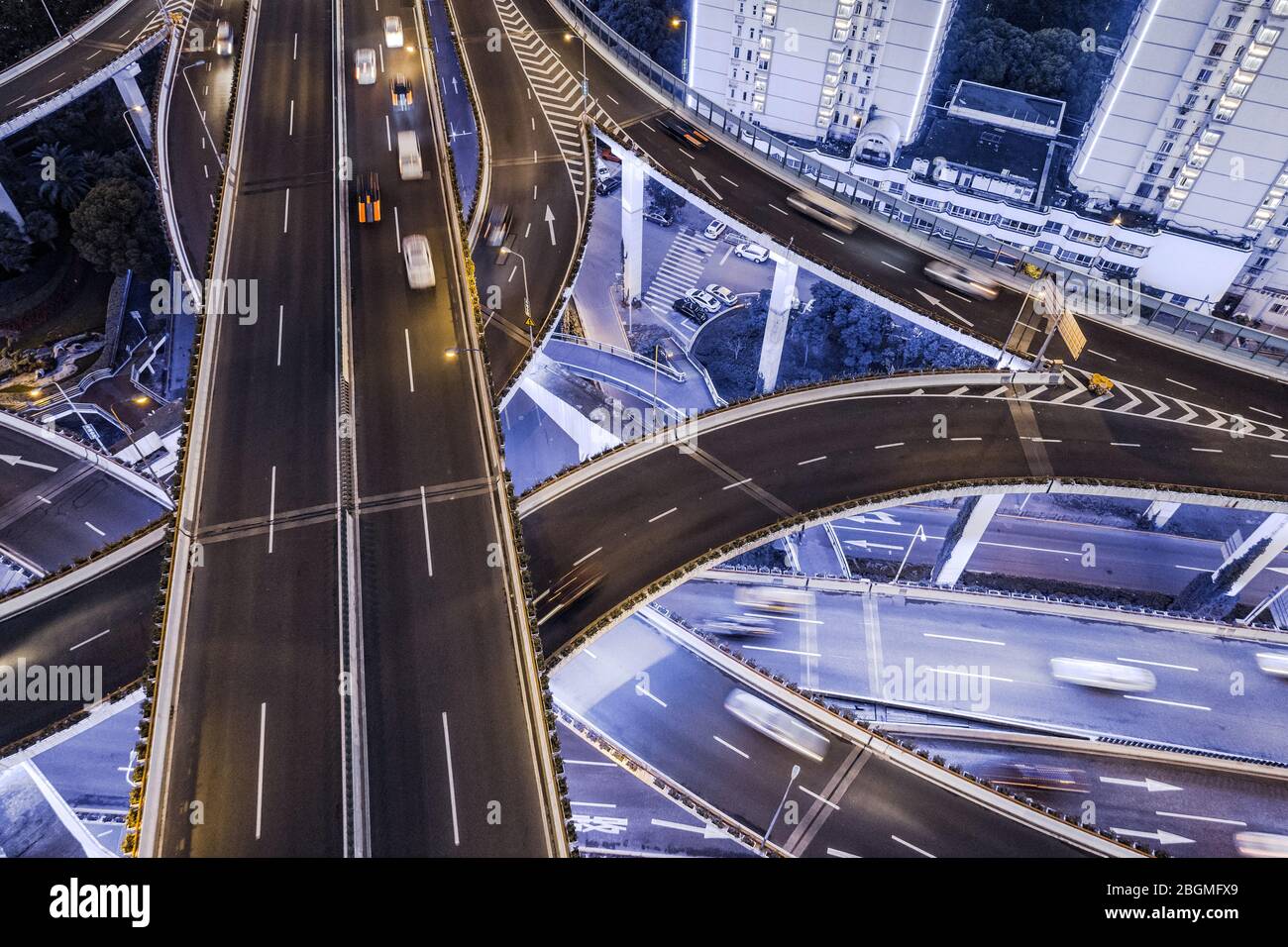 aerial view of highway interchange at night Stock Photo - Alamy