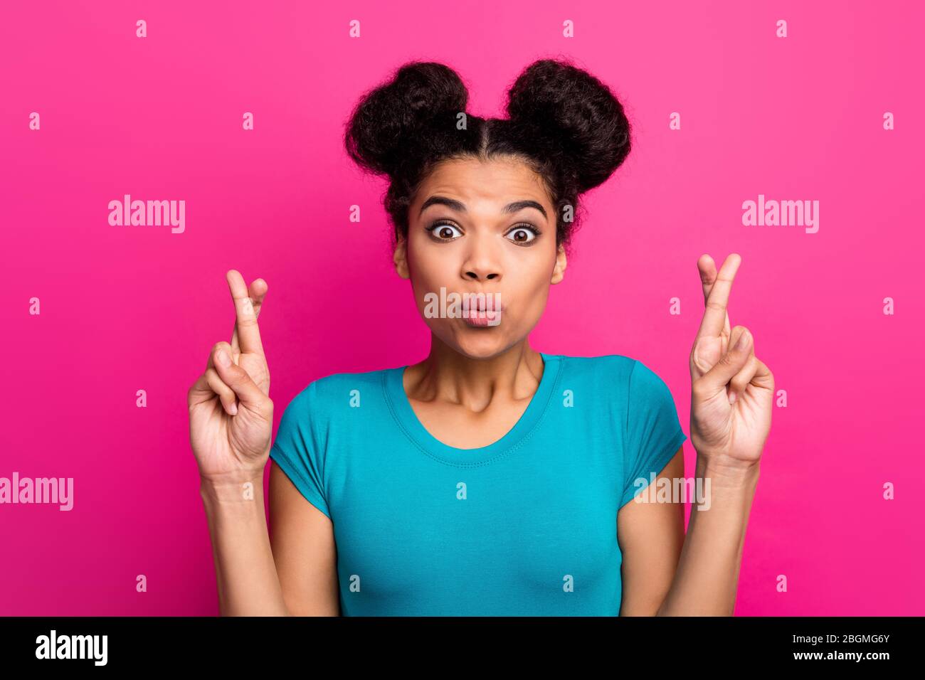 Photo of beautiful funny expression dark skin lady two buns hairdo ...