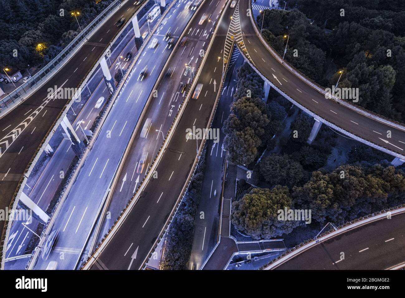 aerial view of highway interchange at night Stock Photo - Alamy