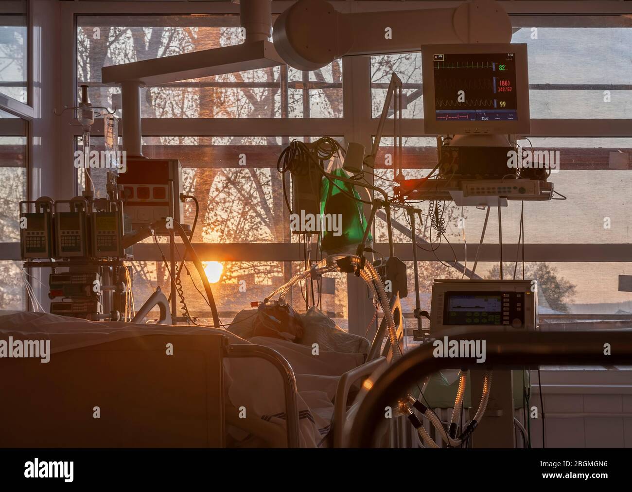 Patient connected to medical ventilator, and to monitor in ICU in ...