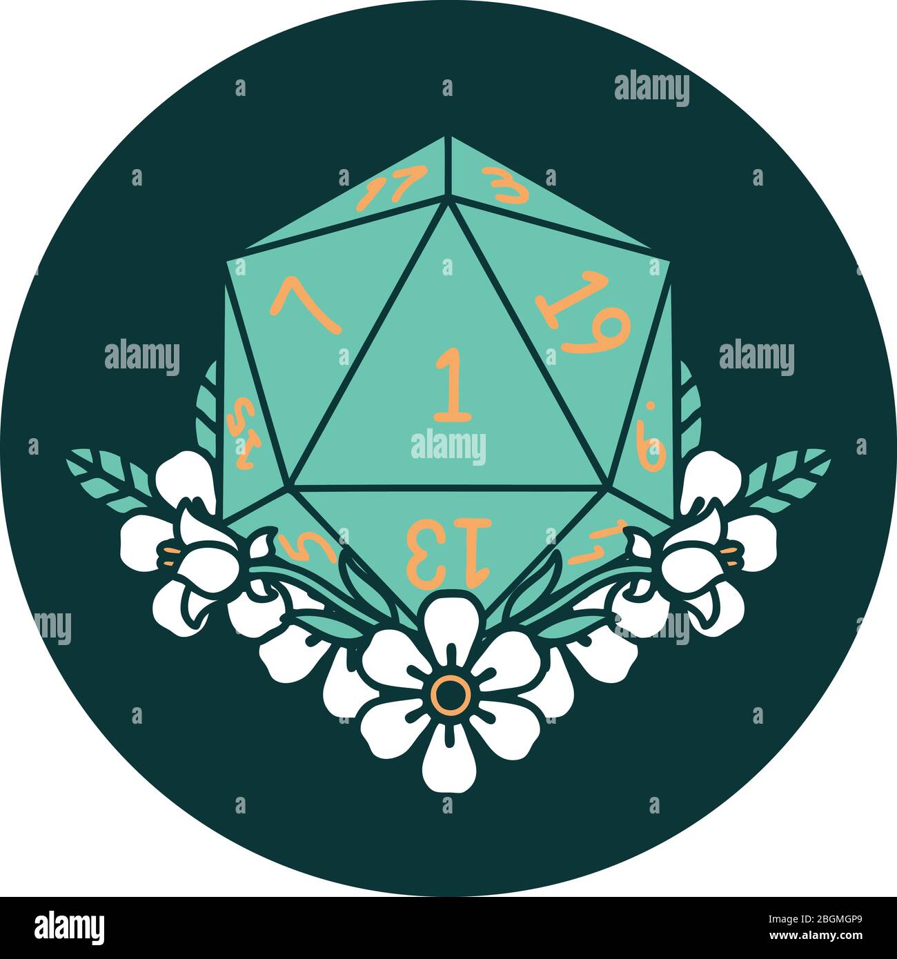 icon of natural one dice roll with floral elements Stock Vector Image ...