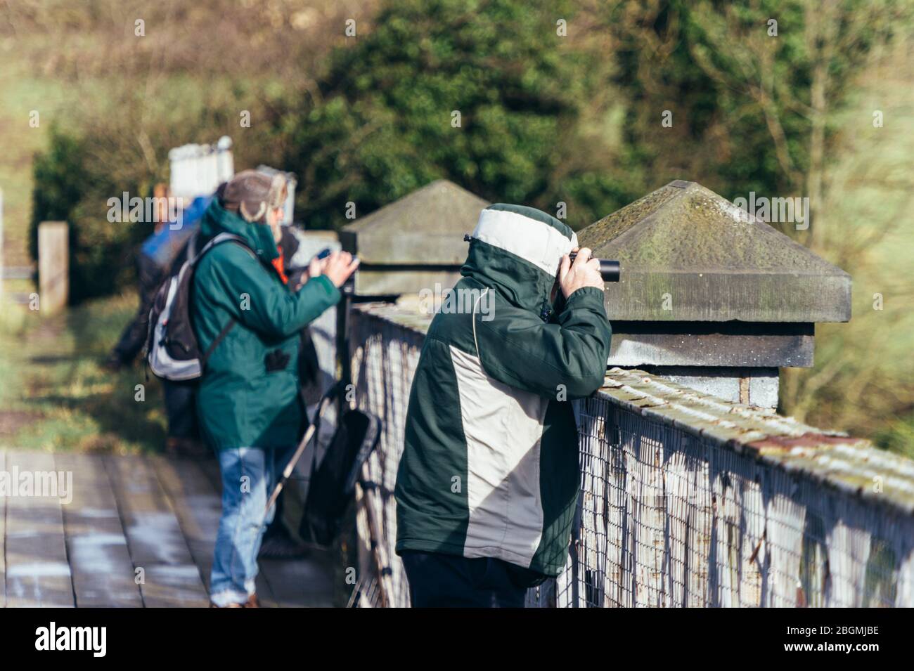 Train spotters on a bridge with cameras waiting for a locomotive ...