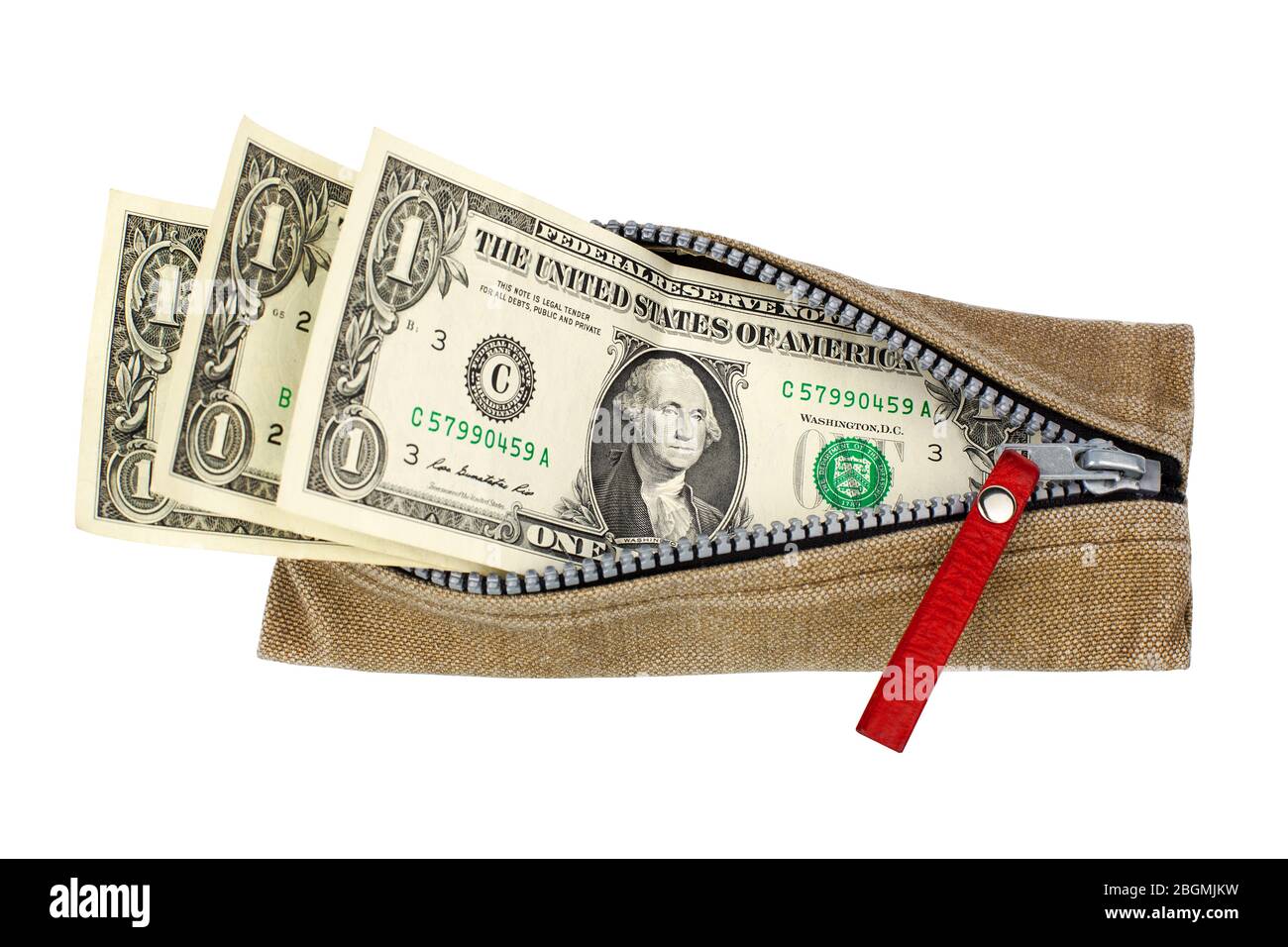One us dollar banknotes in open wallet with zipper on white background ...