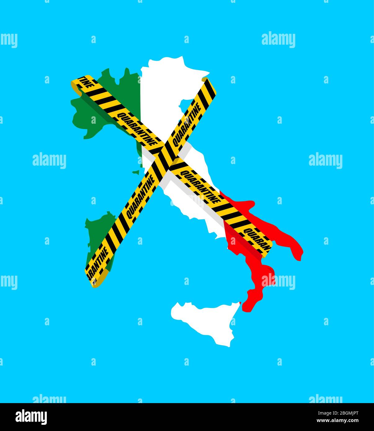Quarantine in Italy. Italian map is wrapped in yellow warning tape ...