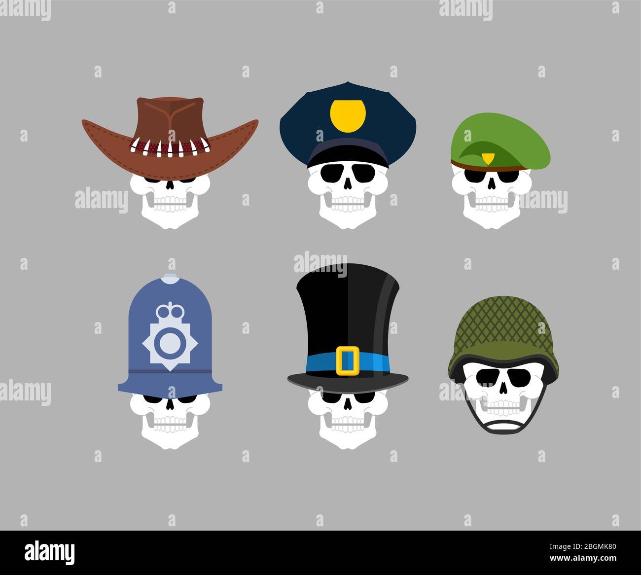 Set of skulls in hats. Green beret and hat cylinder. Cowboy and ...
