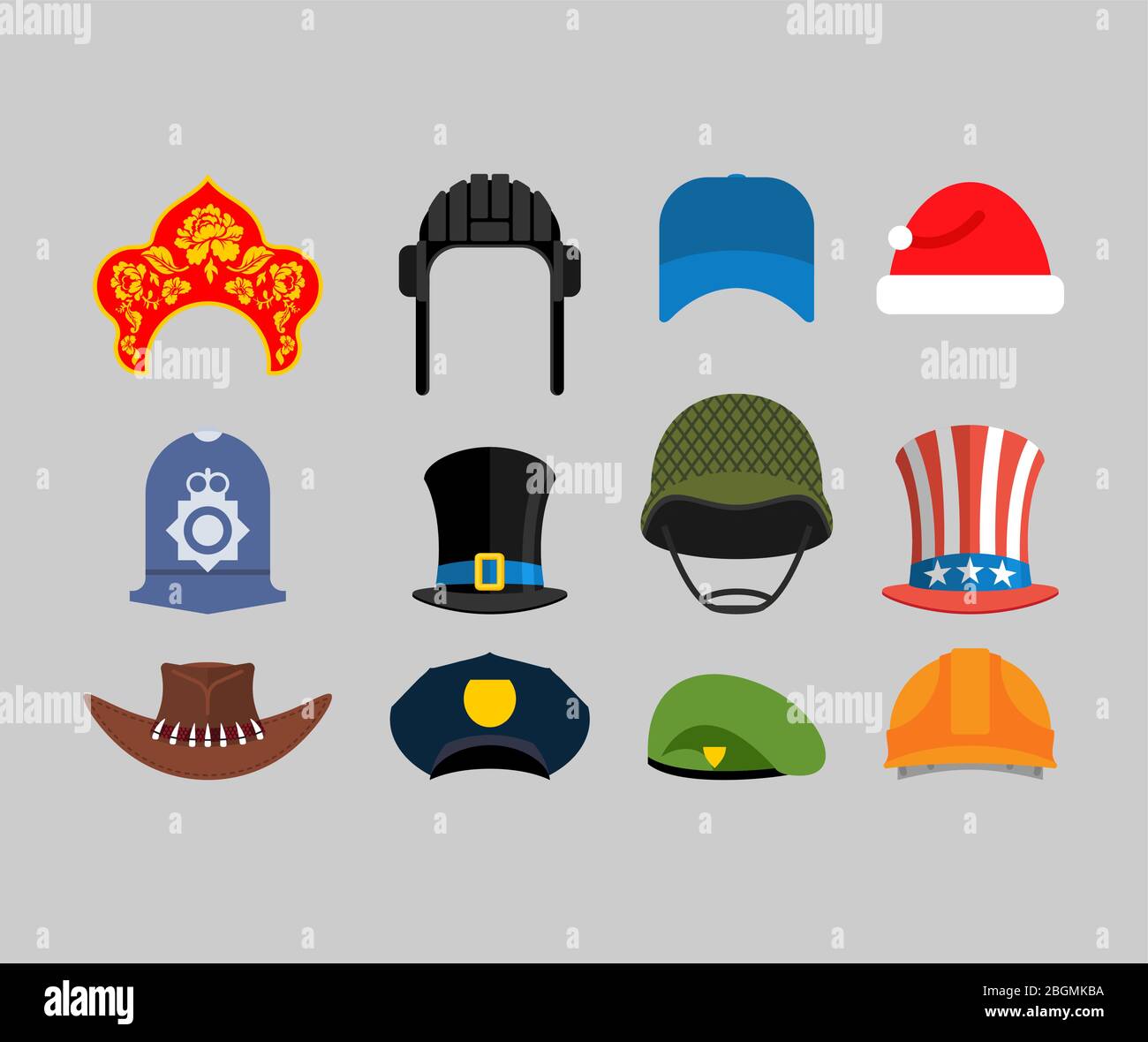 Hats set. Green beret and hat cylinder. Cowboy and policeman ...