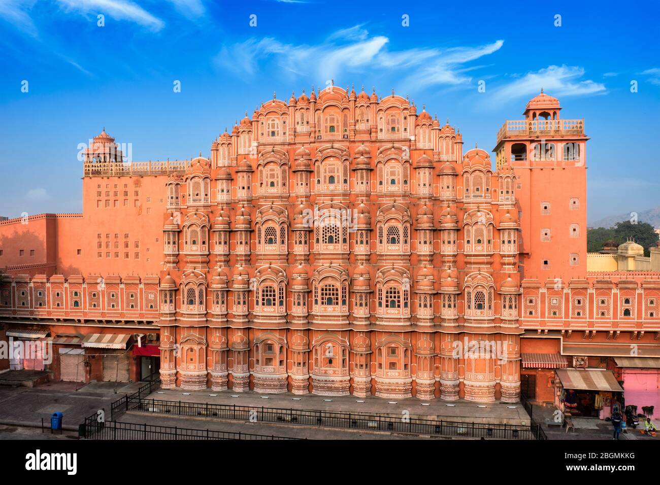 Famous historical landmak pink Hawa Mahal Palace of Winds with people ...