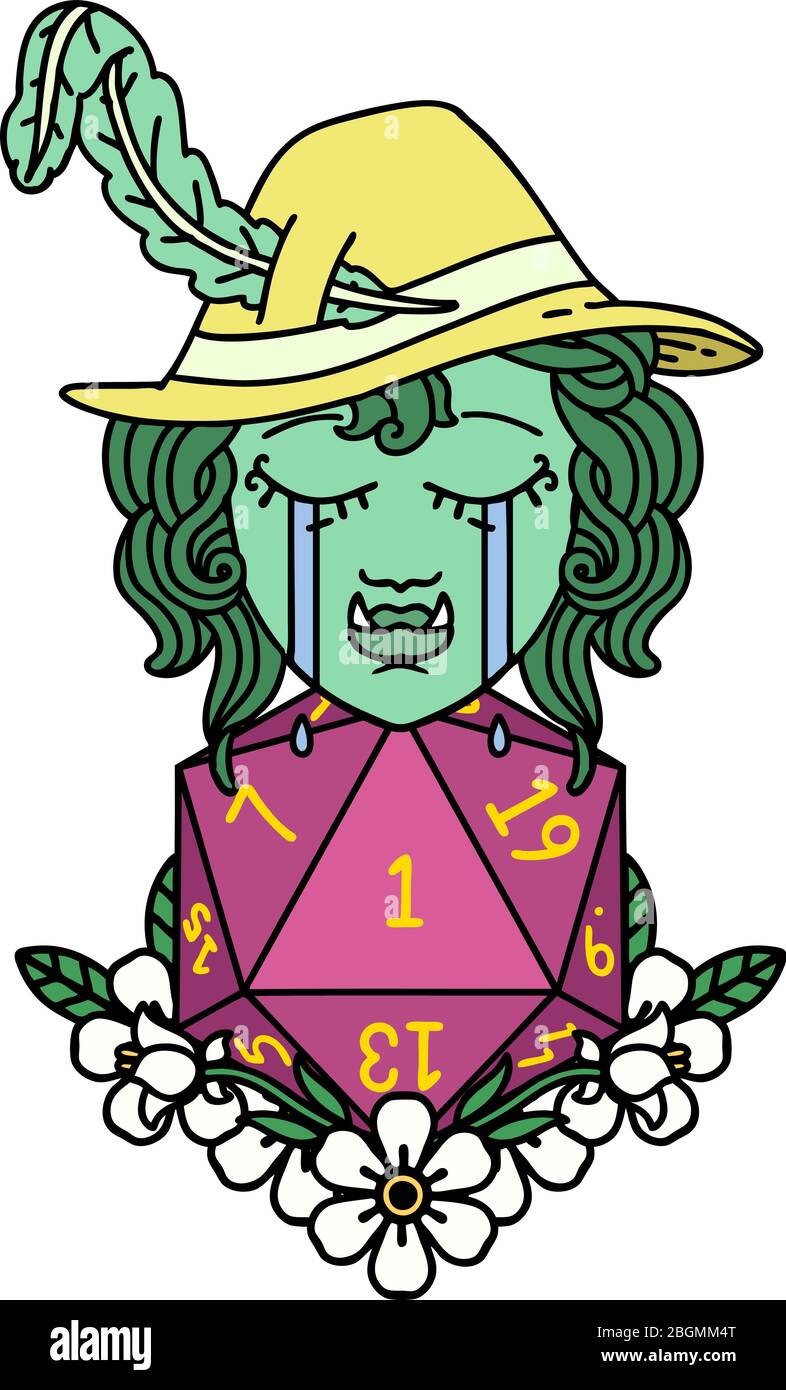 Retro Tattoo Style sad half orc bard character with natural one d20 ...