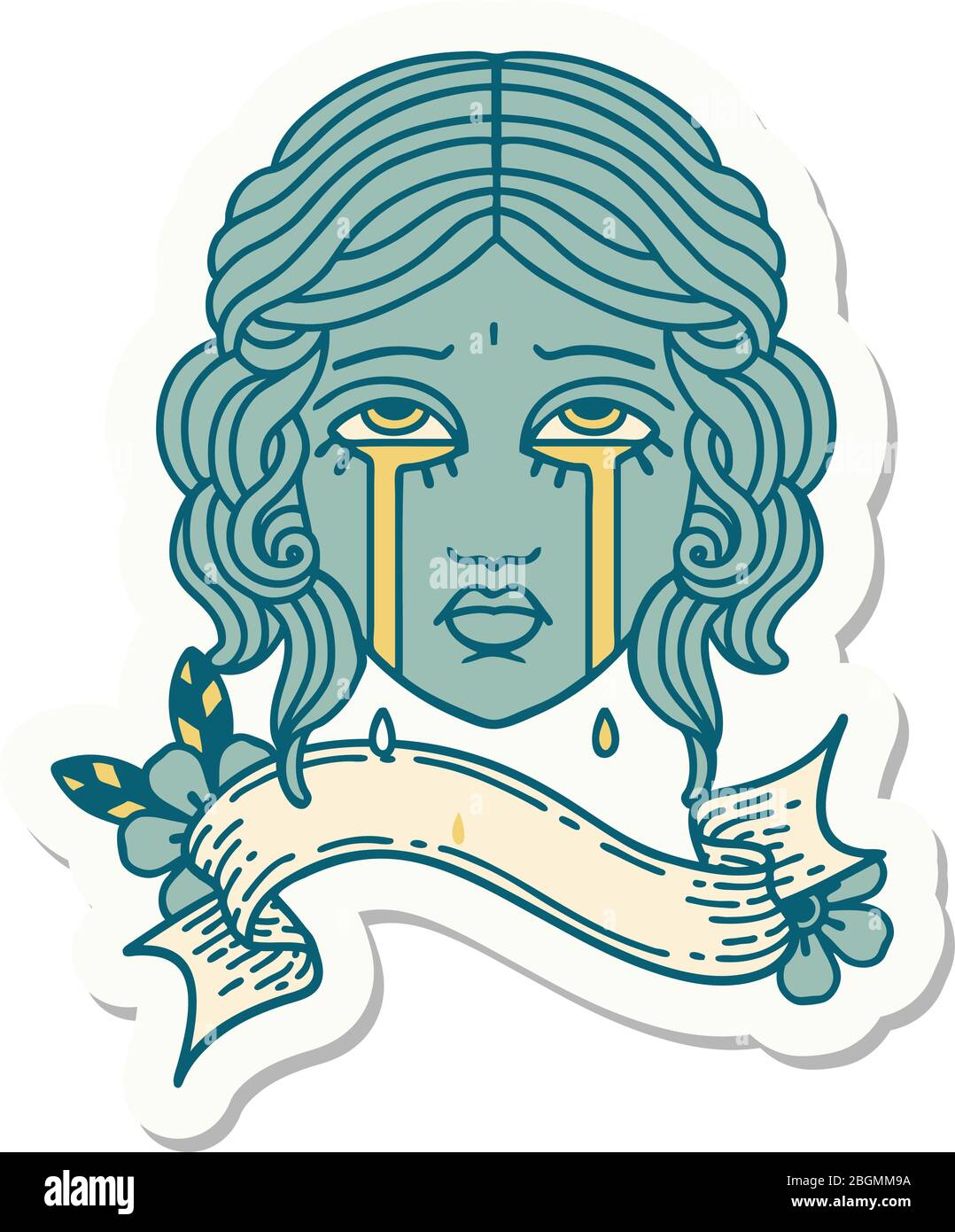 tattoo style sticker with banner of female face crying Stock Vector ...