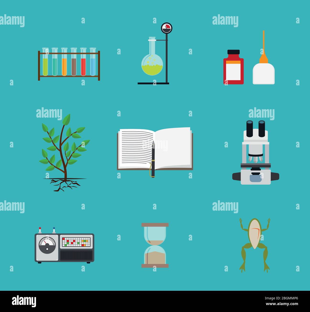 Biology flat icons. Biology laboratory workspace and science equipment ...