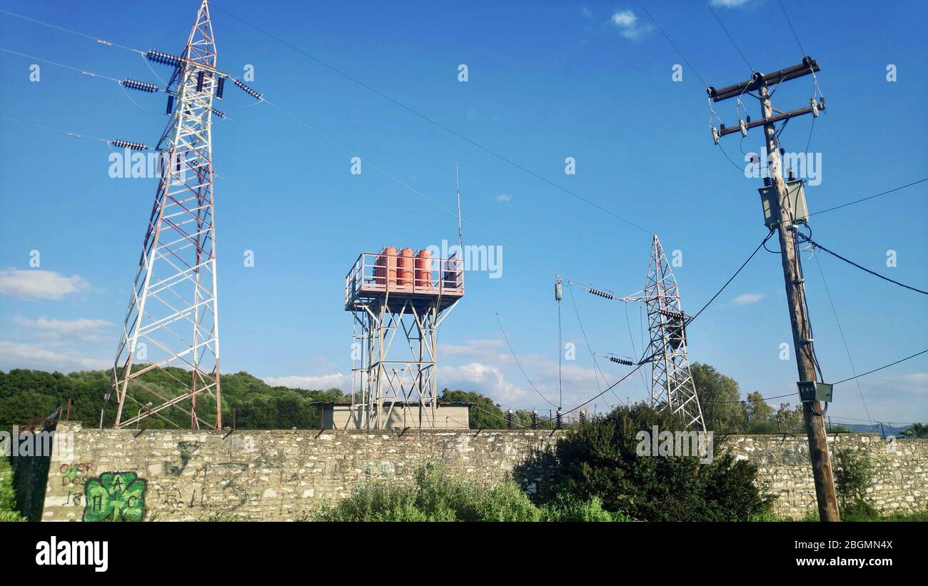 electric energy power production station and pillars Stock Photo - Alamy