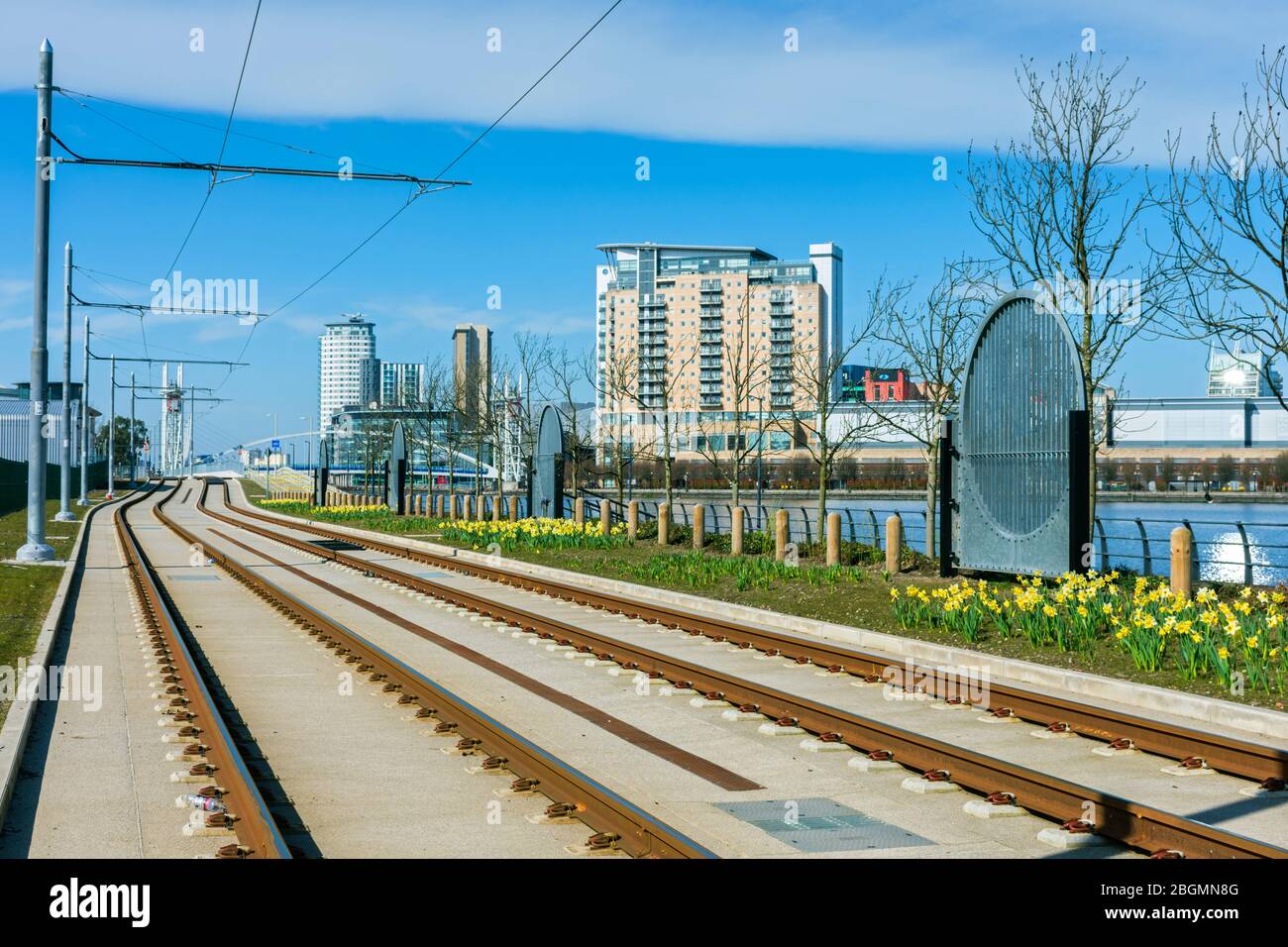 The MediaCityUK buildings from the Metrolink tram tracks, near the ...