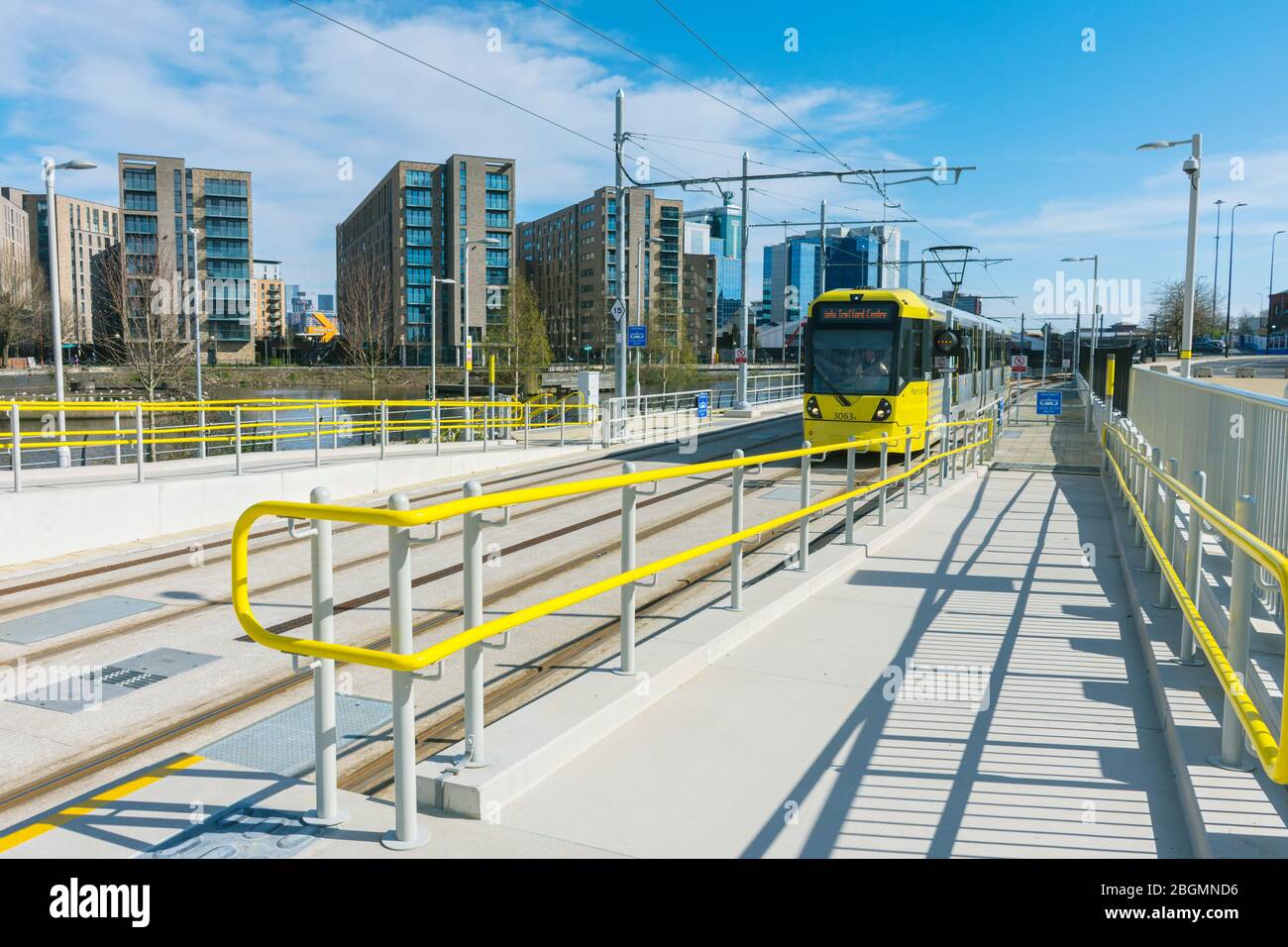 Metrolink tram approaching the Wharfside stop on the opening day of the ...