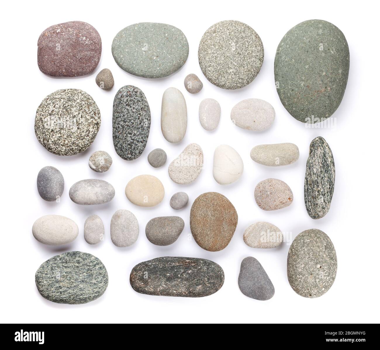 Set of various sea stones. Isolated on white background. Top view flat ...