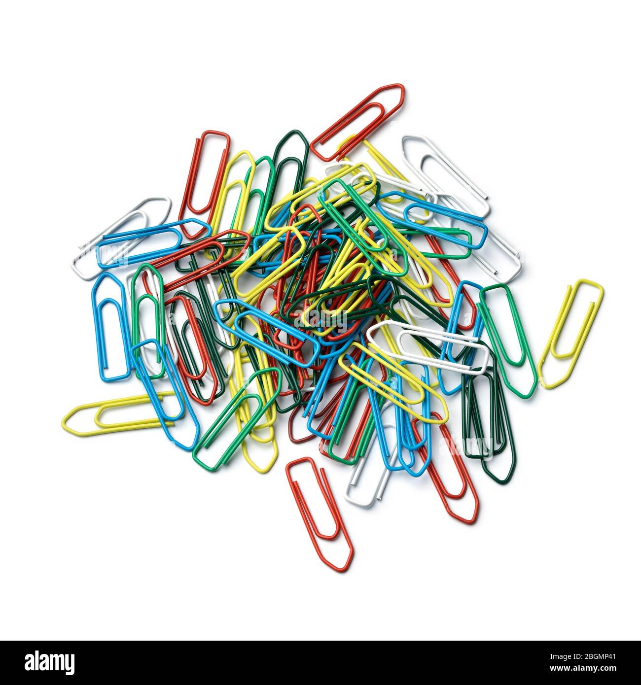 Heap of multi colored paperclips close up isolated on white background ...
