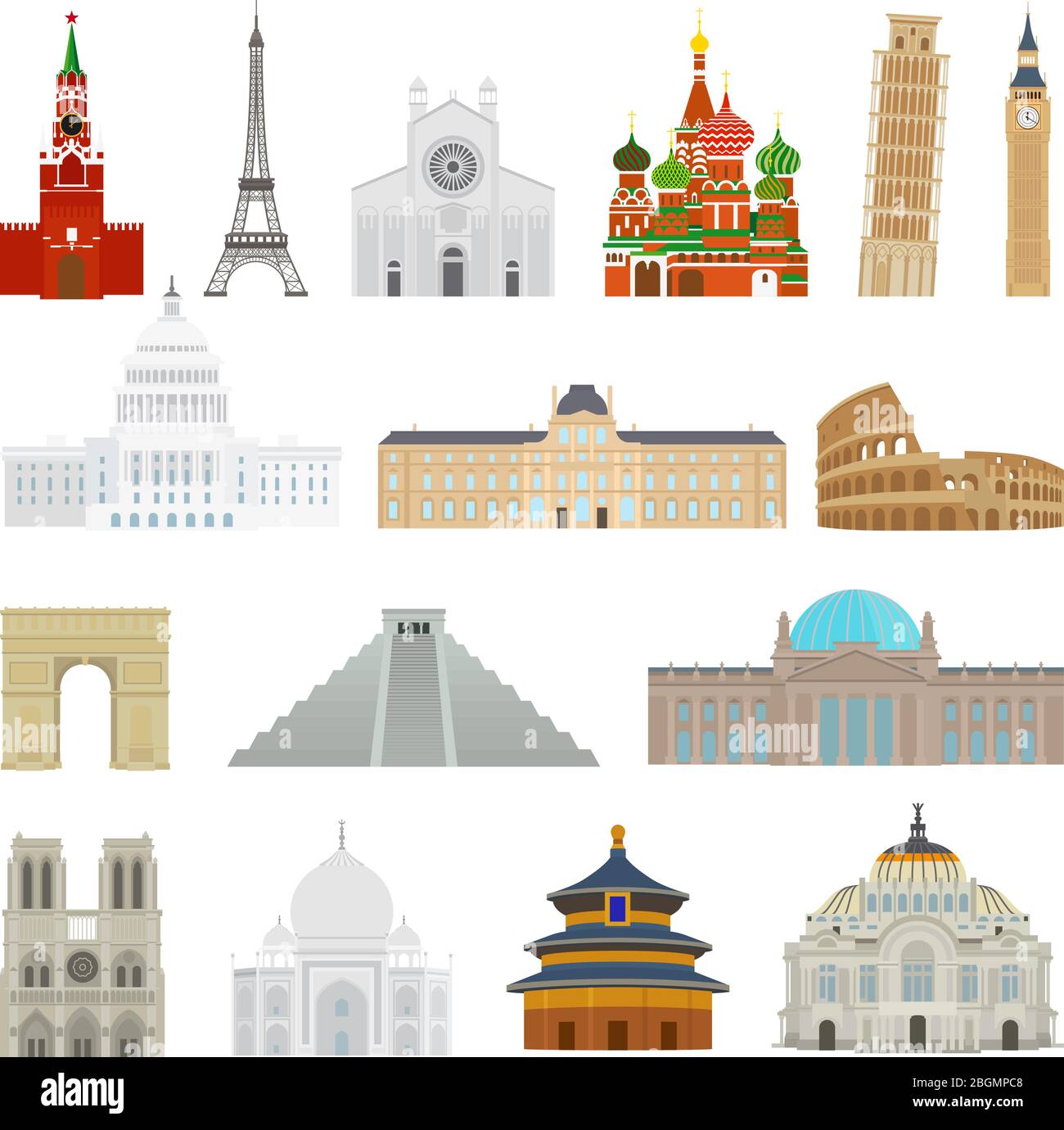 Monuments modern flat icons. Pagoda and Reichstag, Taj Mahal and ...