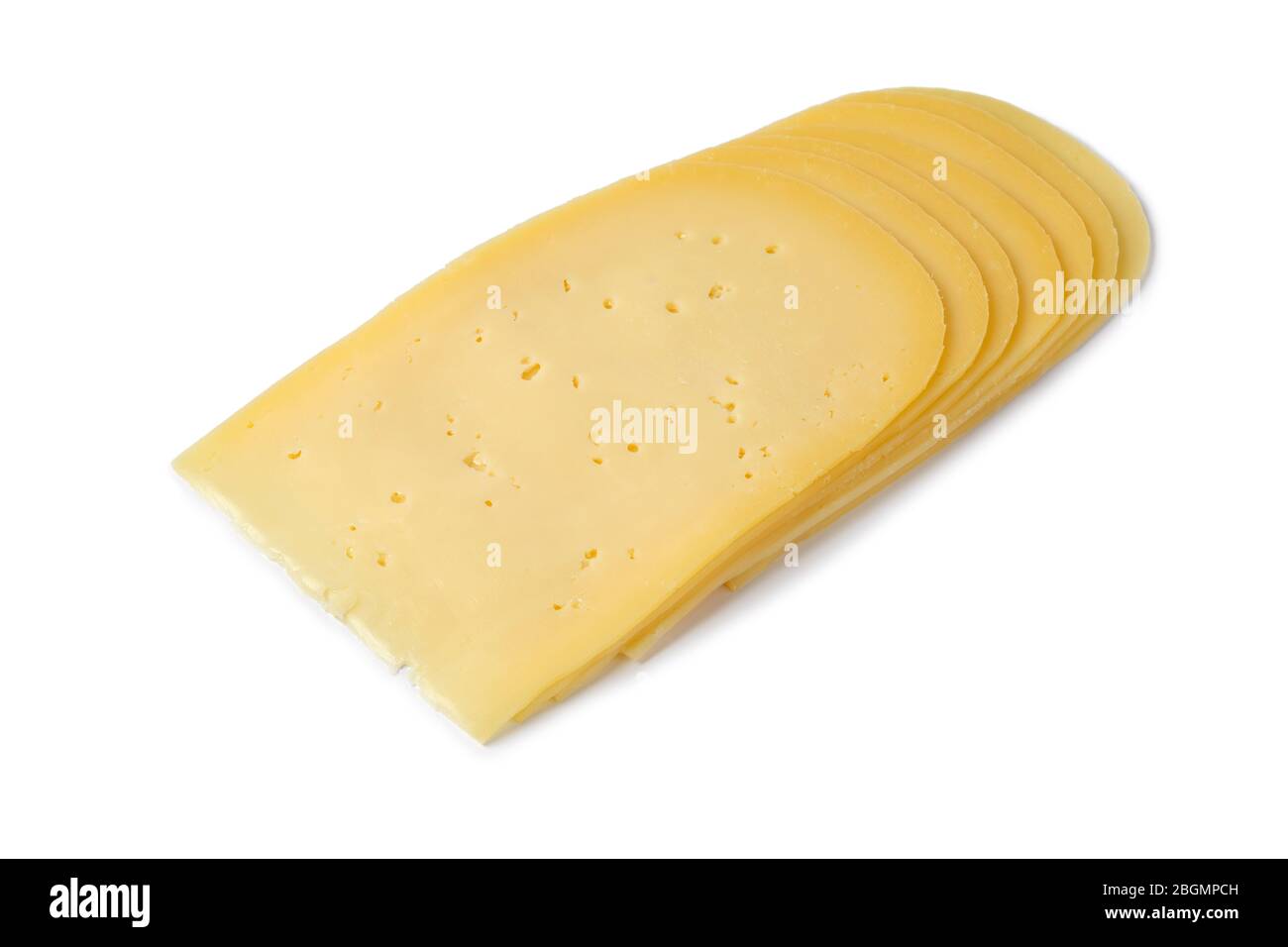 Slices of young Gouda cheese close up isolated on white background ...